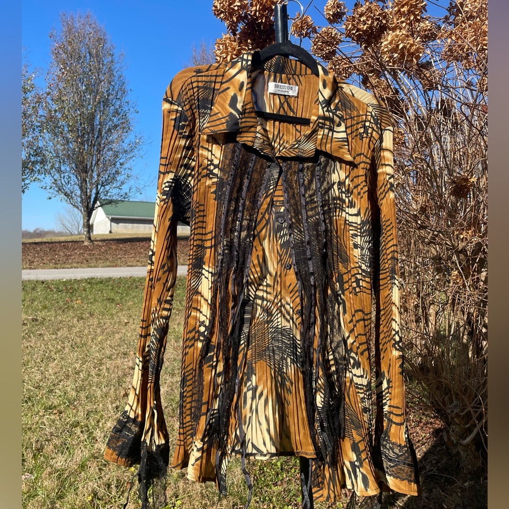 Y2k Pleated Lace Ribbon Button Down Bell Sleeve Plus … - Gem